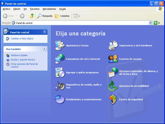 Ensamblar y Configurar el Equipo de Computo.: Panel de control de XP o ...